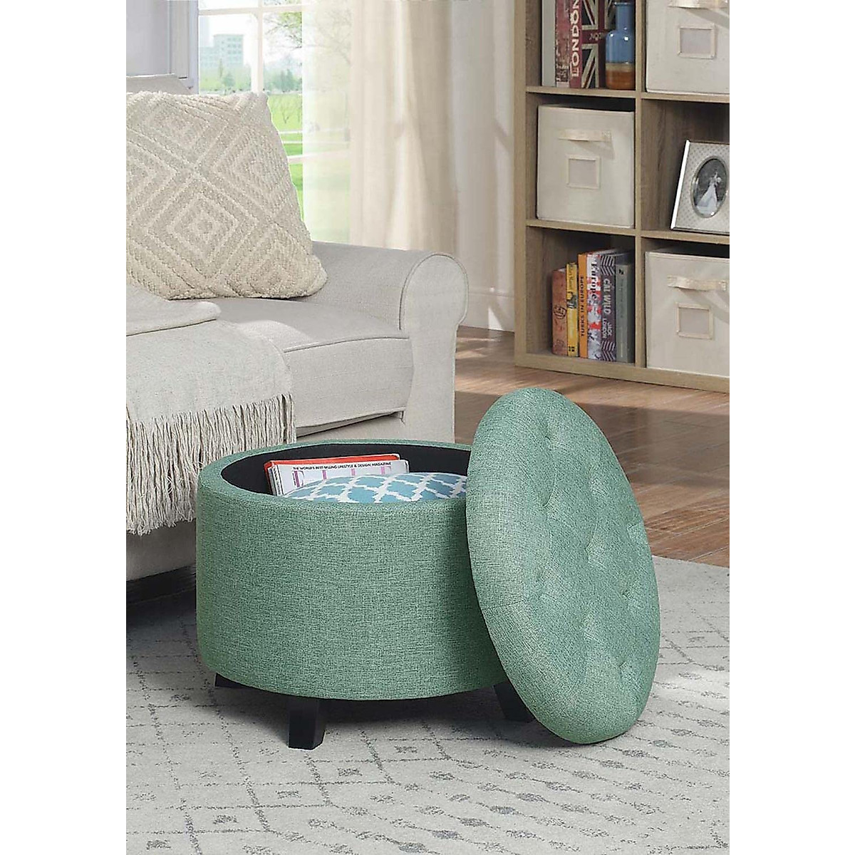 Convenience Concepts Designs4Comfort Round Storage Ottoman 19.75" - Versatile Contemporary Foot Stool for Living Room, Office, Green Fabric