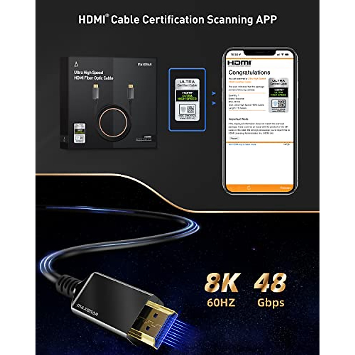 Maxonar 8K Fiber Optic HDMI Cable 50FT [Certified] Ultra HD High Speed HDMI 2.1 Cable, 8K60 4K120 144Hz, 48Gbps CL3 HDCP 2.2&2.3 eARC HDR Dolby for PS5/Xbox Series X/Apple TV 4K, Roku/Samsung/Sony TV