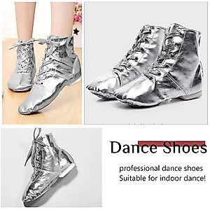 TINRYMX Jazz Shoes PU Leather Lace-up Elastic Slip On Split Sole Jazz Shoe for Women&Men Dance Shoes,GBPU-Silver-Suede Sole,7 US