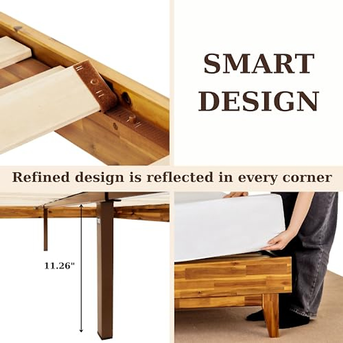 Bme Caden 15 Inch Deluxe Bed Frame with Adjustable Headboard - Mid Century, Retro Style with Acacia Wood - No Box Spring Needed - 12 Strong Wood Slat Support - Easy Assembly - Caramel, Queen