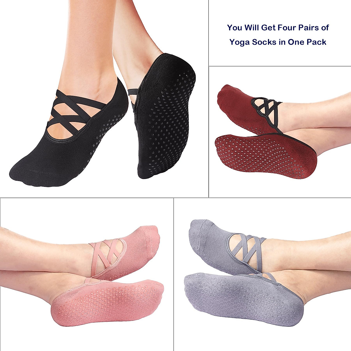 Cooque Yoga Socks Non Skid with Grips Barre Pilates Socks for Women Girls (Pink,Grey,Black,Wine red-01)