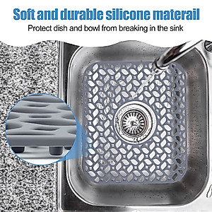 JUSTOGO Silicone Sink Mat, Grey Kitchen Sink Mats Grid Accessory, 2 PCS Folding Non-Slip Sink Protector for Kitchen Bottom of Farmhouse Stainless Steel Porcelain Sink (Center Drain, 13.58''x 11.6'')