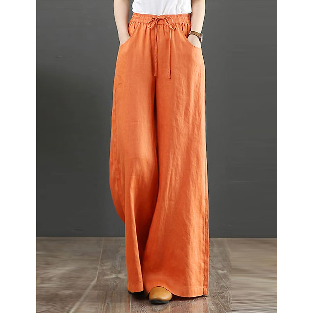 Hongsui Women's Cotton Linen Palazzo Pants Drawstring Waist Wide Leg Loose Trousers with Pockets Orange