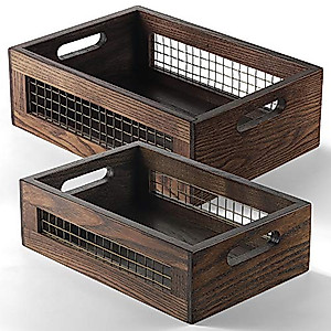 NAGAWOOD Wooden Countertop Baskets Set of 2 for Kitchen, Bathroom, Pantry|Wall Mount Upgrade with Full Accessories| Rustic Nesting Boxes|Wooden Organizer Crates for Fruit, Vegetables, Produce, Bread
