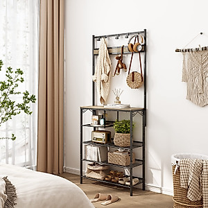 Hoctieon 5-Tier Hall Tree with Shoe Rack, Hall Trees for Entryway with Storage, Hall Tree with Bench and Shoe Storage, Mesh Slant, Greige