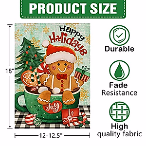 Dyreson Merry Christmas Joy Coffee Gingerbread Man Decorative Garden Flag, Xmas Happy Holiday Buffalo Plaid Check Yard Outside Decorations, Winter Farmhouse Outdoor Small Decor 12x18