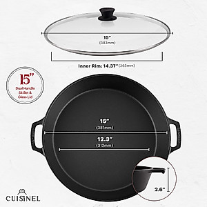 Cuisinel Cast Iron Skillet + Glass Lid + Red Chainmail Scrubber - 15"-Inch Dual Handle Braiser Frying Pan + Silicone Handle Covers - Pre-Seasoned Oven, Grill, Stovetop, Fire Cookware - Indoor/Outdoor