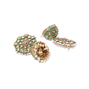 Priyaasi Green Traditional Indian Jhumka Earrings for Women | Fashionable Floral Design | Stone Studded | Pearl Drop | Gold Plated | Earrings for Women with Pushback Closure | Ethnic Bridal Earrings