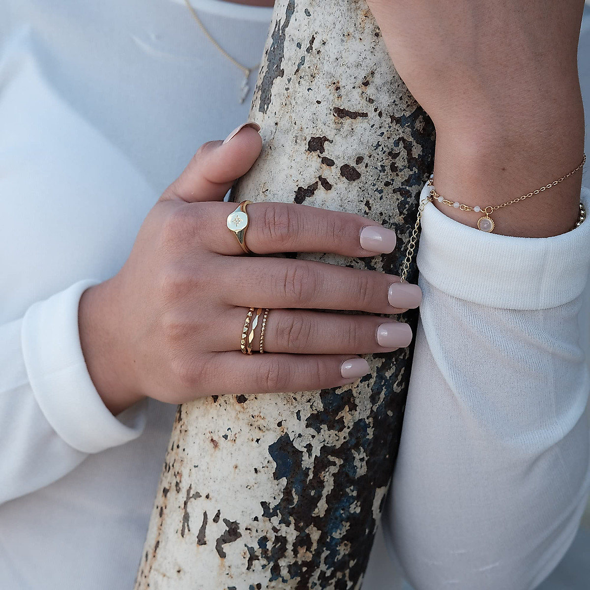 BLOSSOM & HUE Stackable Ring [18K Gold Dipped .925 Sterling Silver] Dainty Edgy Eternity Ring [Size 8] - Minimalist Milgrain Stacking Band [Hypoallergenic]