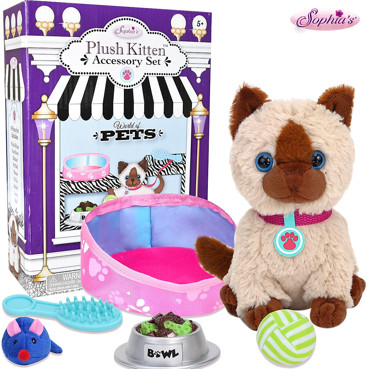 Sophia's Tan Plush Kitten, Bed, Food Bowl and Accessories Set for 18" Dolls, Multicolor