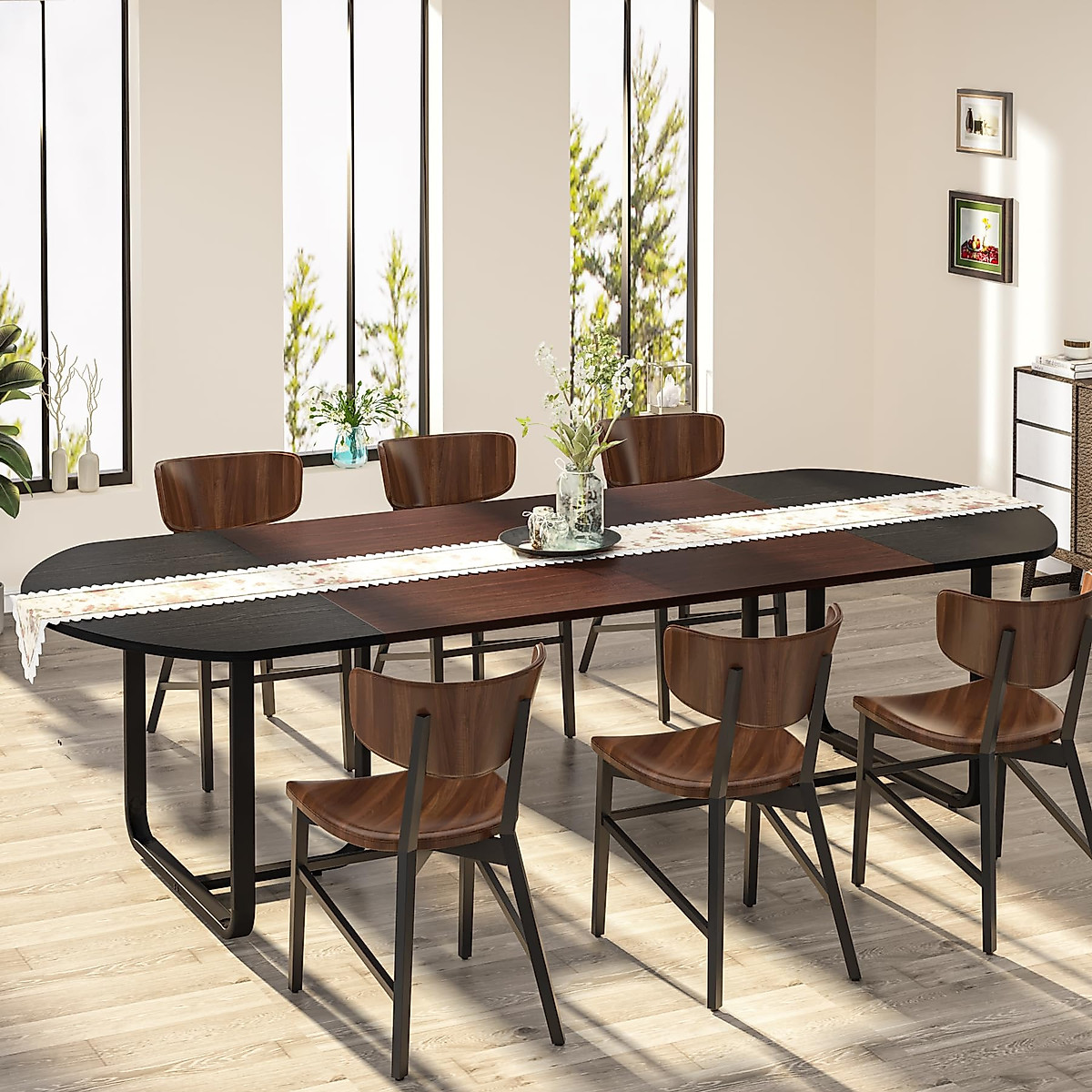 Tribesigns 70.86" Modern Oval Dining Table with Walnut and Black Finish Splicing Board, Curved Kitchen Tables for 6-8, Large Dining Room Table with Stylish Metal Legs (Walnut+Black)