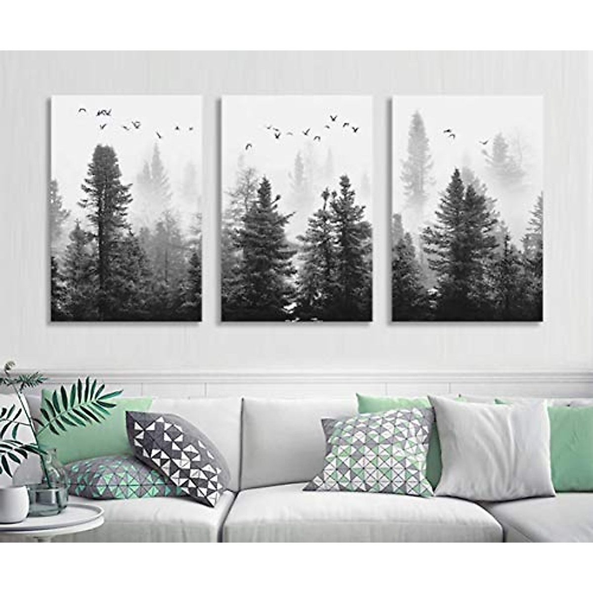 Large Canvas Wall art Forest Picture Living room Decoration Black and White art Landscape Wall art Gable Decoration Morning fog Mountain Art Fog Forest Bird 40cmX60cm X3 Panel Modern Home Decoration