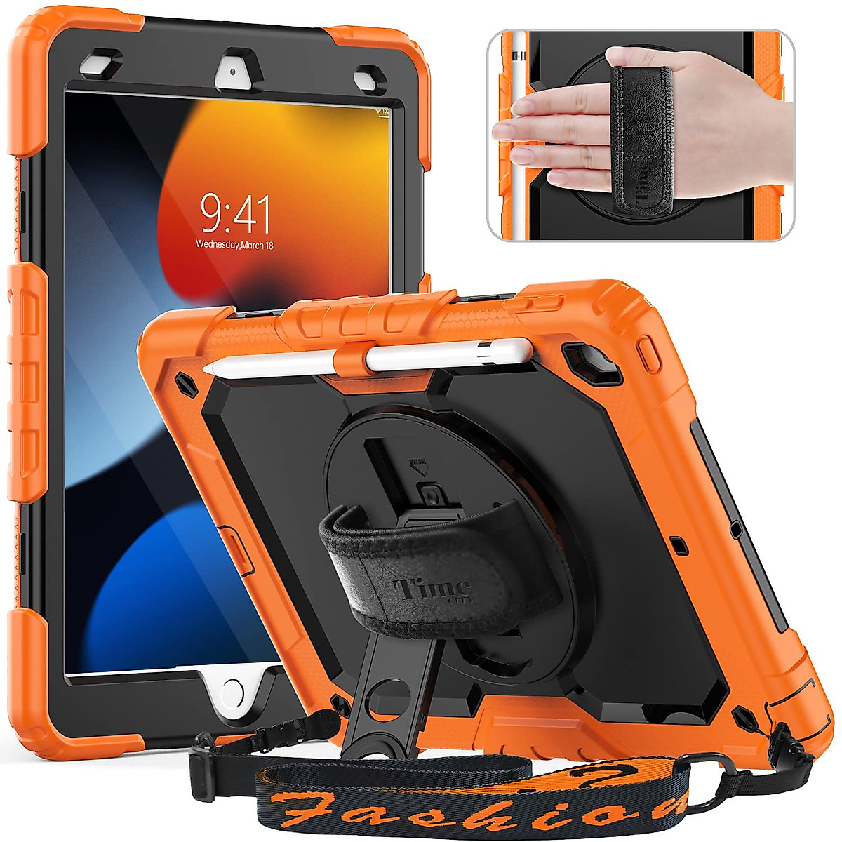 Timecity Case for iPad 9th/ 8th/ 7th Generation 10.2 inch - Heavy Duty Protective Cover with Screen Protector, Rotating Stand, Shoulder Strap & Pencil Holder | Kids-Friendly (Orange)