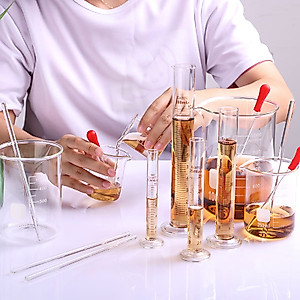 Glass or Plastic Graduated Cylinder Beaker Set, Thick Lab Cylinders (10 ml, 25 ml, 50 ml, 100 ml), Beaker (50 ml, 100 ml, 250 ml, 500 ml, 1000 ml) with 3 Dropper 4 Stirring Rod 7.9 Inch(Glass)