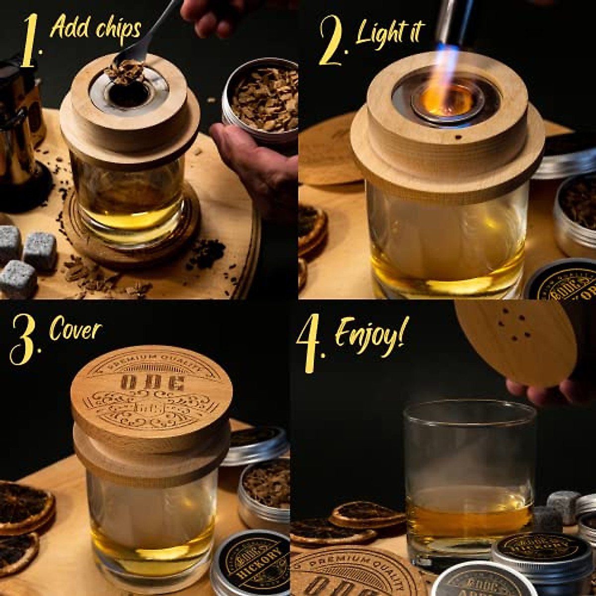 OdeGjs Premium Cocktail Smoker Kit - Includes 4 Wood Chips for Bourbon and Whiskey plus Drink Smoker Accessories Unique Gifts for Men and Women on all Occasions Including Torch No Butane