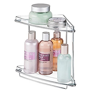 mDesign Steel/Plastic Freestanding Countertop Corner Shelf Organizer with 2-Tier Storage for Bathroom, Vanity, Cabinet, Counter - Holds Makeup, Bath Gel - Prism Collection - Clear
