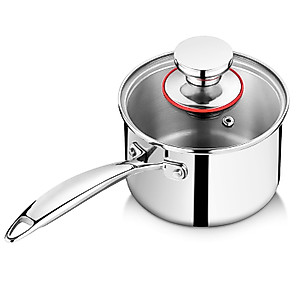 P&P CHEF Small 1 Qt Saucepan, Tri-Ply Stainless Steel Milk Sauce Pan with Glass Lid, Kitchen Induction Cookware for Cooking Boiling Stewing, Dishwasher Safe, Silver