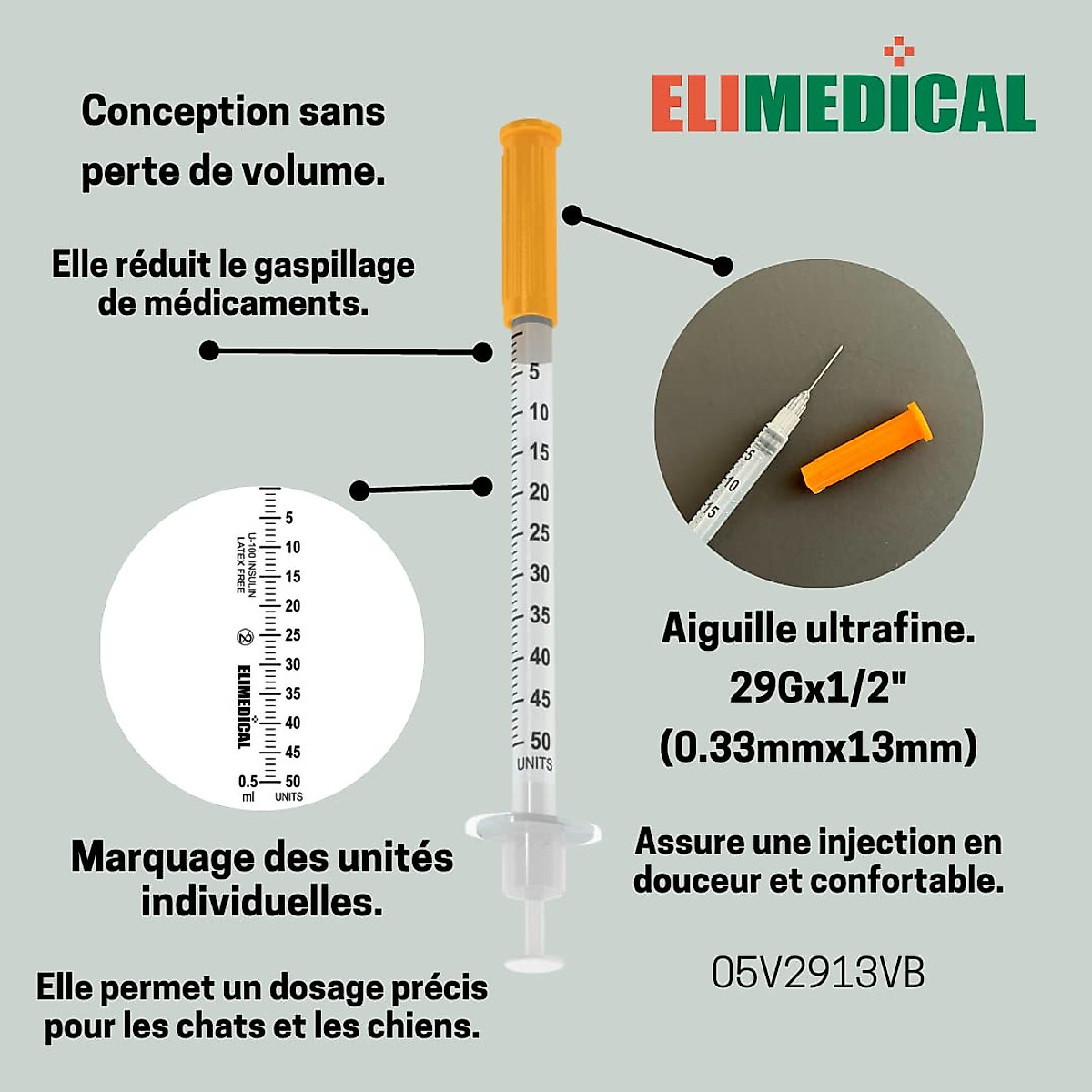 Elimedical Veterinary Insulin Syringe, U-100, 0.5cc (ml), 29g x 1/2 inch (12.7mm), Individually Packed, for Pet Cat or Dog, 100 per Box, 05V2913VB