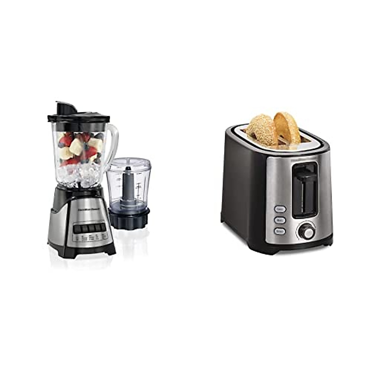 Hamilton Beach Power Elite Blender with 40oz Glass Jar and 3-Cup Vegetable Chopper, Black and Stainless Steel (58149) & 2 Slice Extra Wide Slot Toaster with Shade Selector, Black (22633)