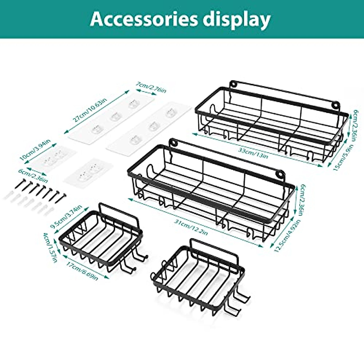 YiLiiod 4-Pack SUS304 Stainless Steel Black Shower Caddy Suction Cup, Bathroom Shower Organizer, Shower Shelf for Inside Shower, Shower Rack with Soap Holder