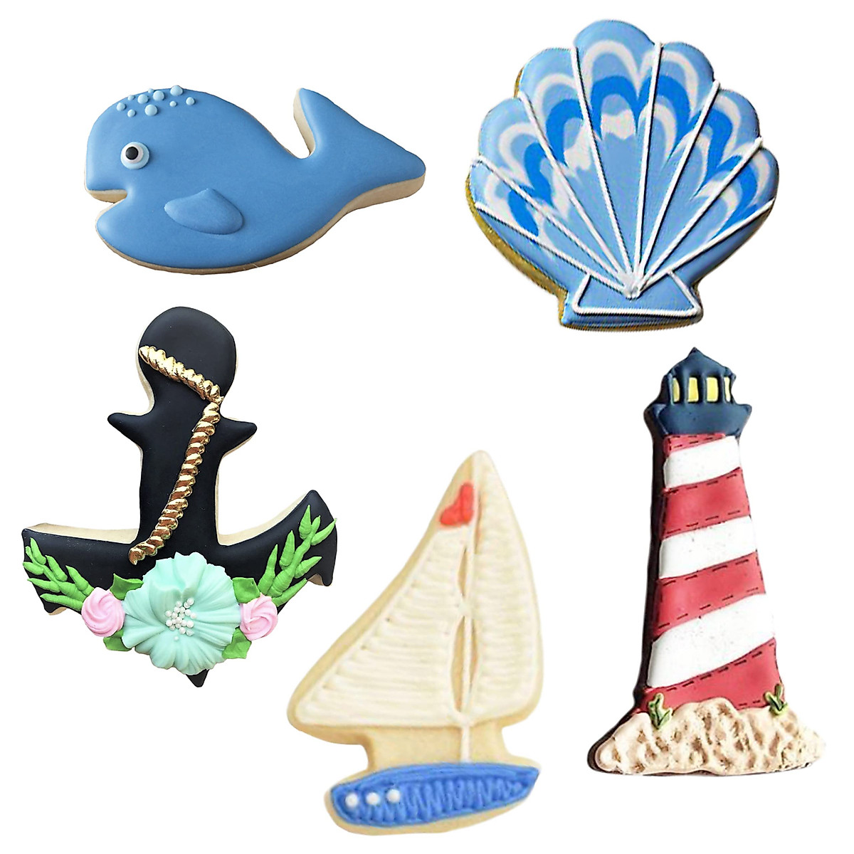 Nautical Ocean Cookie Cutters 5-Pc. Set Made in USA by Ann Clark, Anchor, Sailboat, Lighthouse, Seashell, Whale