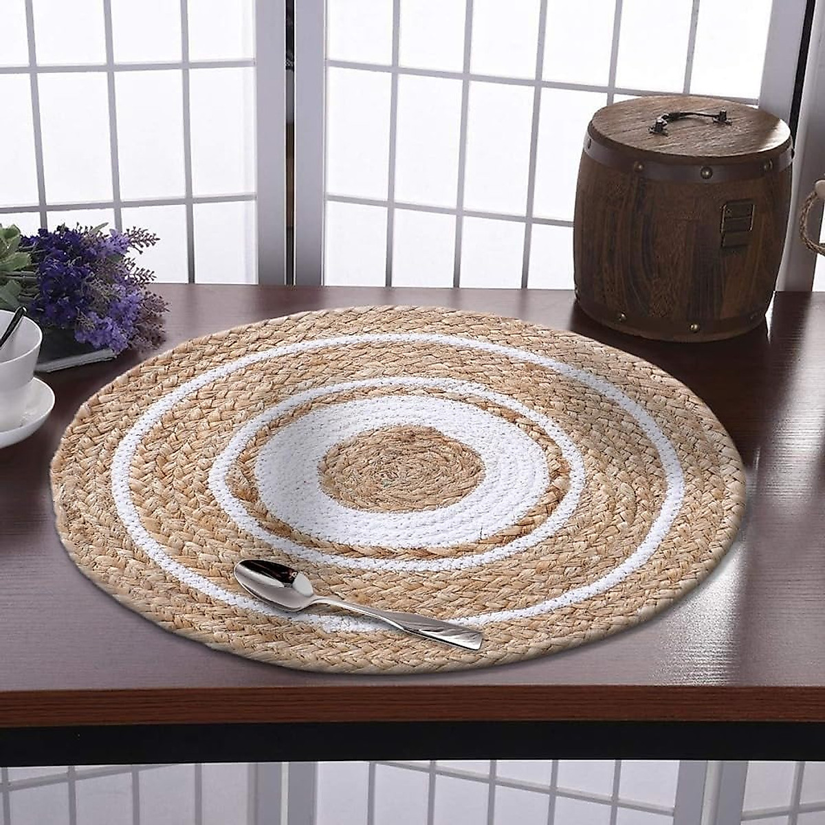 100% Jute Area Rug Approx 3 Feet - Braided Design Hand Woven Natural White Rings Carpet - Home Decor for Living Room Hallways - Round Natural Fibers 36" inch
