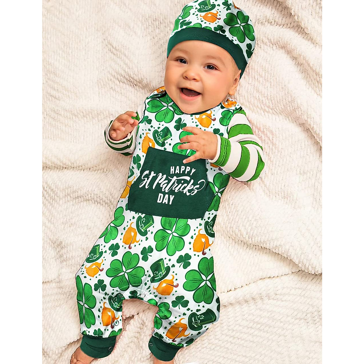 St Patricks Day Baby Boy Girl Outfit 12-18 Months Green Striped Long-Sleeved Four-Leaf Clover Onesie 3-Piece Set St. Patrick'S Day Toddler Boy Outfit Romper