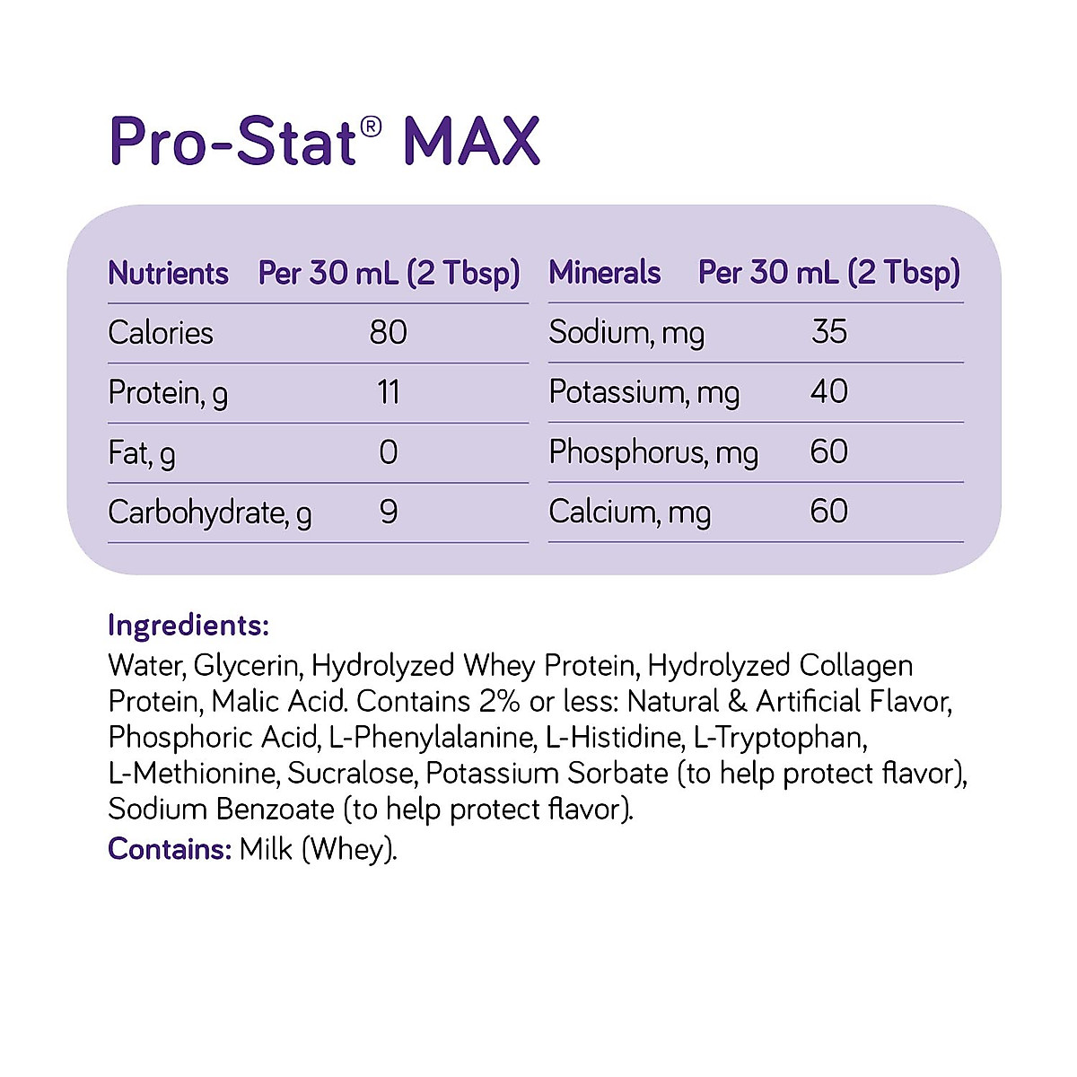Pro-Stat MAX, Hydrolyzed Whey- and Collagen-based Concentrated Liquid Protein Medical Food - Grape Flavor, 30 Fl Oz Bottle
