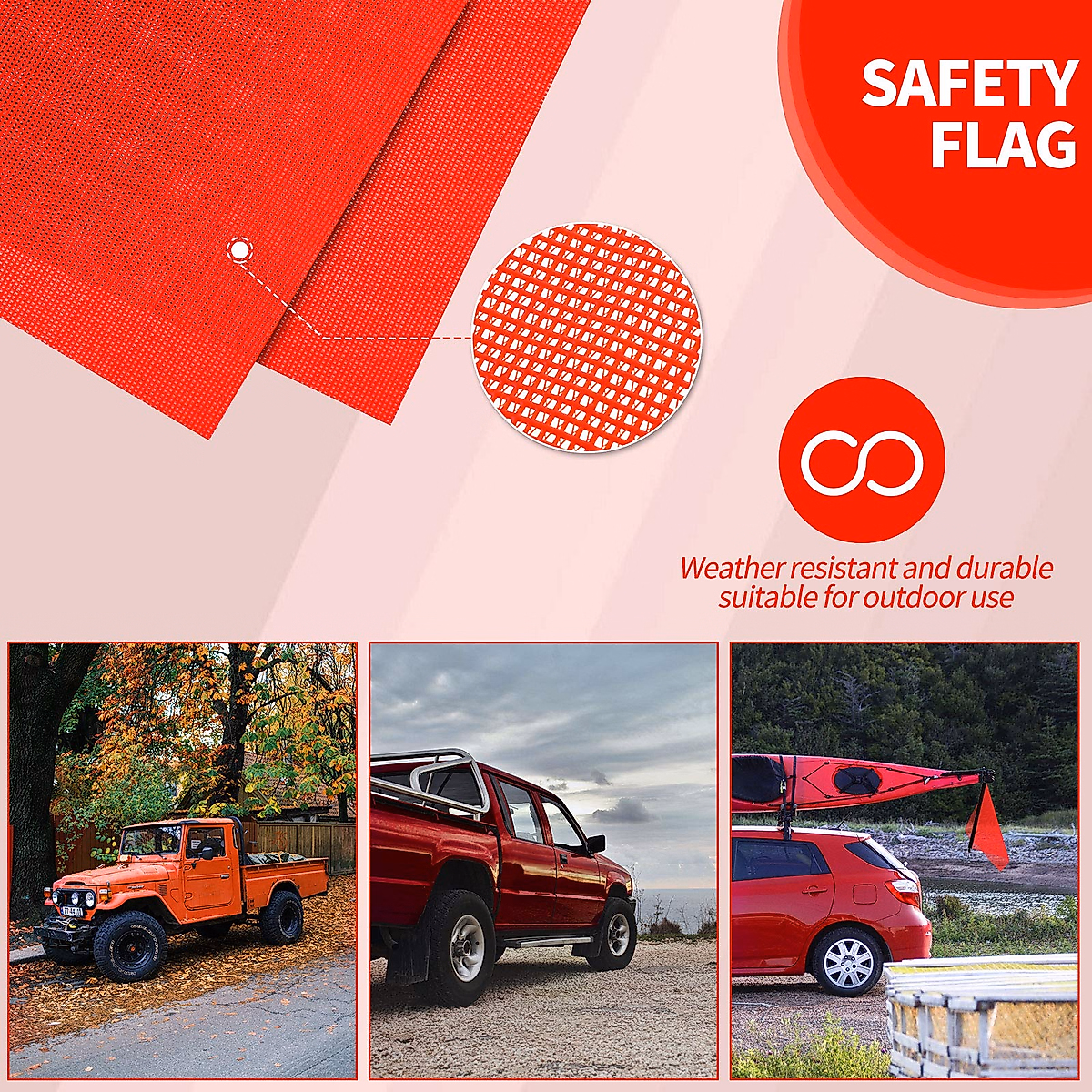 Boao 4 Pieces 18 x 18 Inch Hook Safety Warning Flag Mesh Safety Flag Warning Flag with Vinyl Welt and Bungee Cord for Truck and Pedestrian Crossings, Deep Red