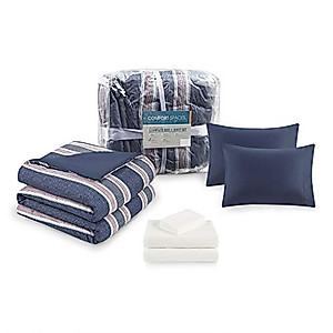 Comfort Spaces Bed in A Bag Comforter Set - College Dorm Room Essentials for Boys Men Bedding, Complete Dormitory Bedroom Pack And Sheet with 2 Side Pockets, Full, Stripes Navy/Red