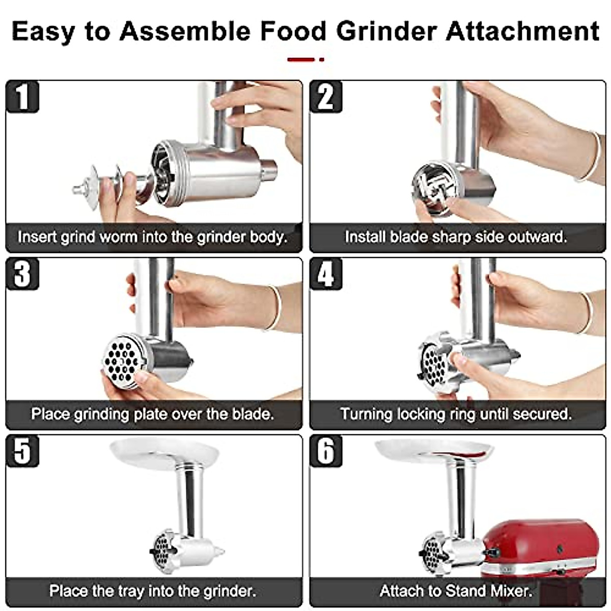 LOCULL Metal Food Grinder Attachment for KitchenAid Stand Mixers, Durable Food Grinder Attachment for KitchenAid, Accessories Includes Two Sausage Stuffer Tubes, 3 Grinding Blades, Cleaning Brush