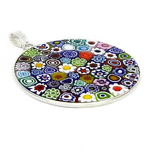 Glass Of Venice Murano Glass Millefiori Pendant Necklace Multicolor in Silver Frame 1-1/2 inch For Women Handmade In Venice, Italy