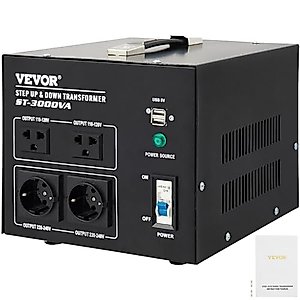 VEVOR Voltage Converter Transformer,3000W Heavy Duty Step Up/Down Transformer Converter(240V to 110V, 110V to 240V),2 US&1 UK&1 EU Outlet with Circuit Break Protection,5V USB Port,CE Certified