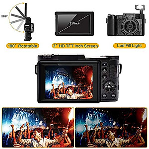 CEDITA 2.7K Digital Camera Vlogging Camera 30MP Full HD Digital Camera with Retractable Flash Light Camera 3 Inch Flip Screen Vlogging Camera for YouTube with Two Batteries, Black