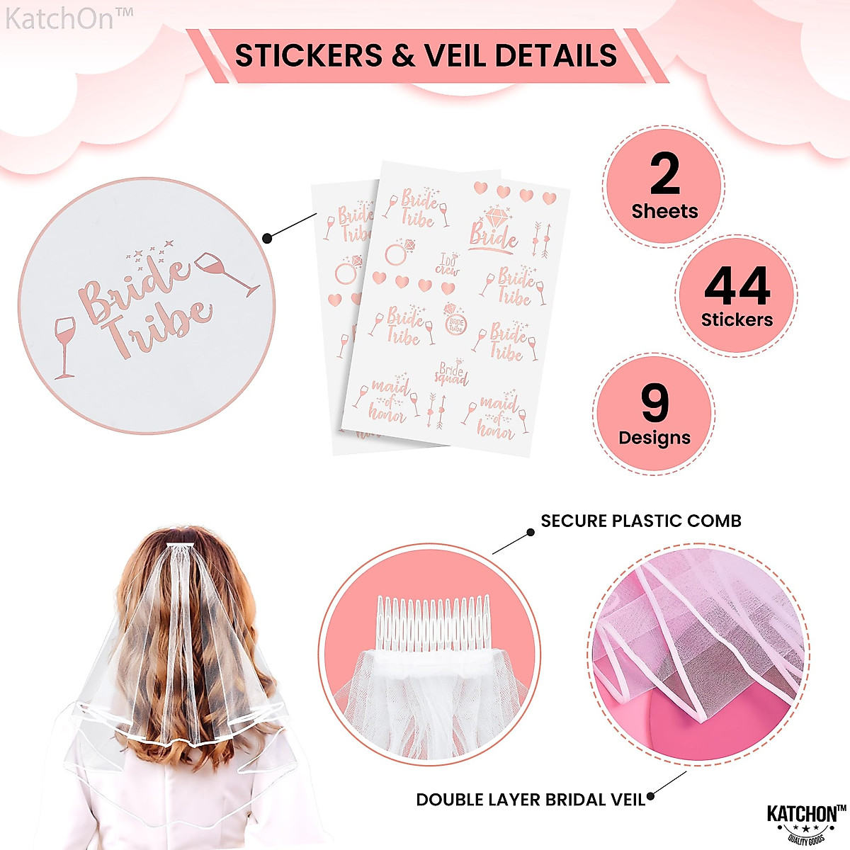 KatchOn, Bride To Be Decorations Kit - Pack of 5 | Bride To Be Sash, Headband, Tattoos, Veil | Bride Sash Bachelorette Party Decorations | Bridal Shower Decorations | Bachelorette Party Accessories