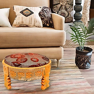 Wooden Indian Round Carving Chakki Table With Custion,Indian Decor Coffee Table,Wood Table,Side Table,Grinder Table,Dining Table.