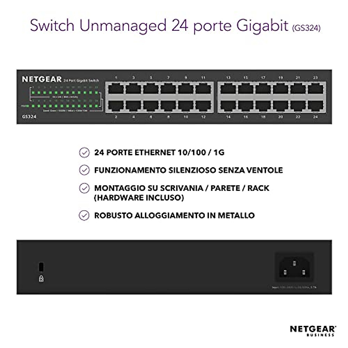 NETGEAR 24-Port Unmanaged Gigabit Ethernet Switch (GS324) - Desktop, Wall or Rack Mount, Quiet Operation
