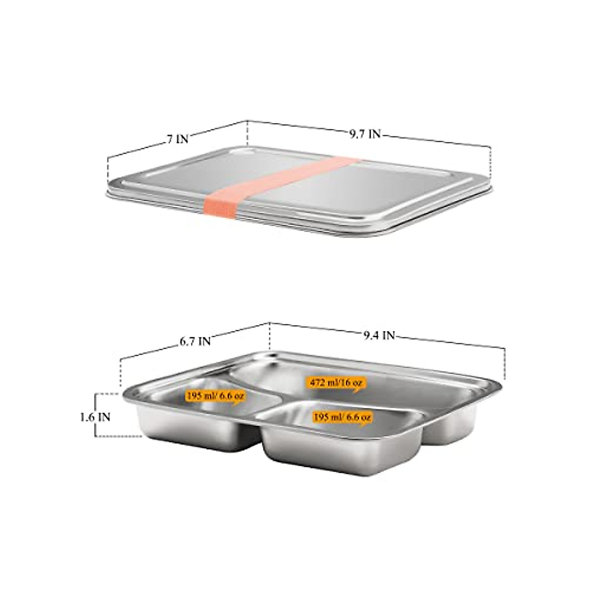 VENTION Stainless Steel Kids Plates with Lids, Divided Plates for Kids, 3 Compartment Kids and Toddler Plates, 2 Pack