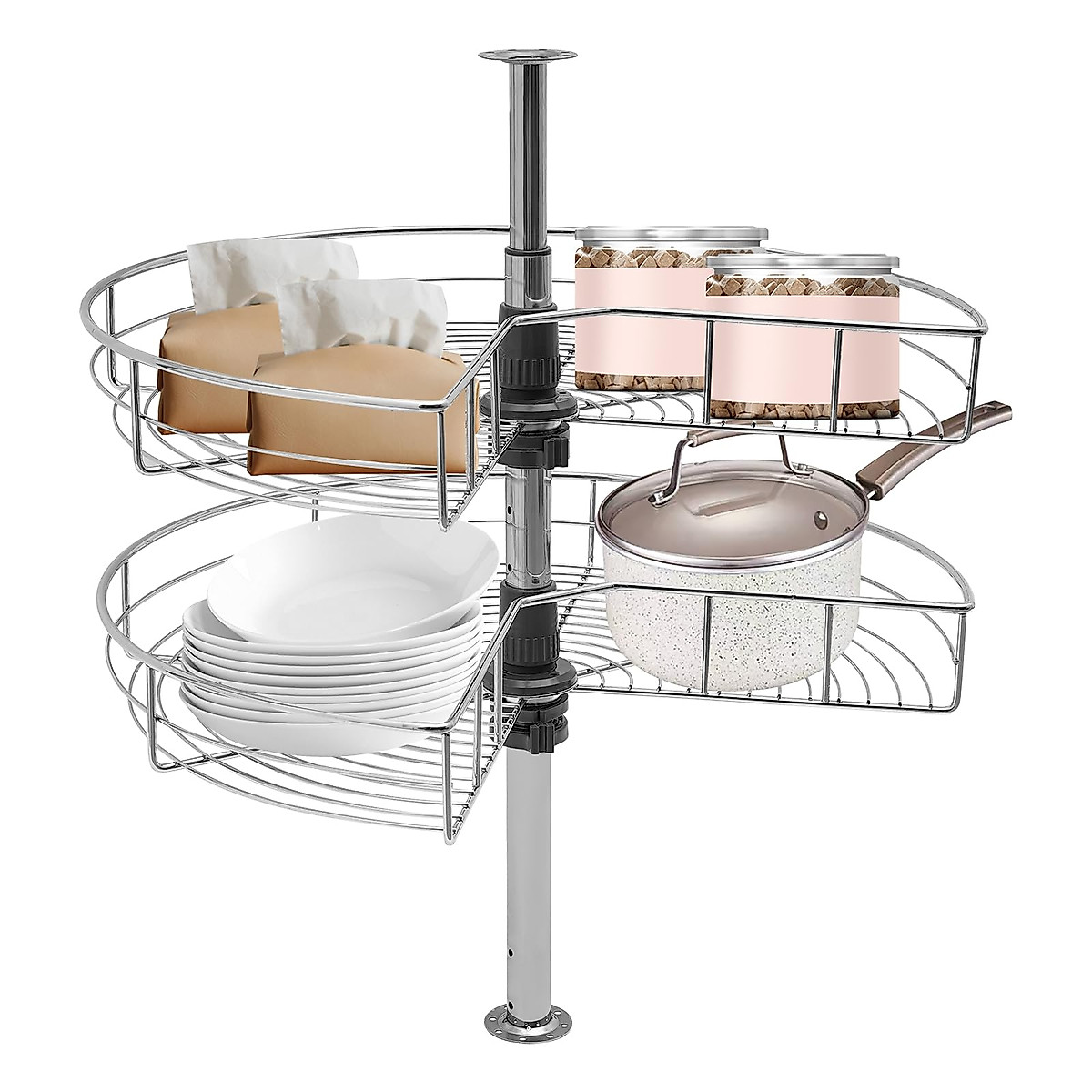 KIOPOWQ Corner Shelf, 23.62'' 2 Tier Lazy Kitchen Base Cabinet Corner Organizer, 270° Rotating Blind Corner Wire Kidney Shaped Cabinet Mounted