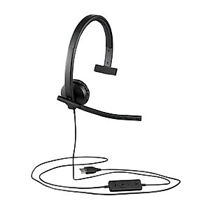 Logitech H570e Wired Headset, Mono Headphones with Noise-Cancelling Microphone, USB, In-Line Controls with Mute Button, Indicator LED, PC/Mac/Laptop - Black