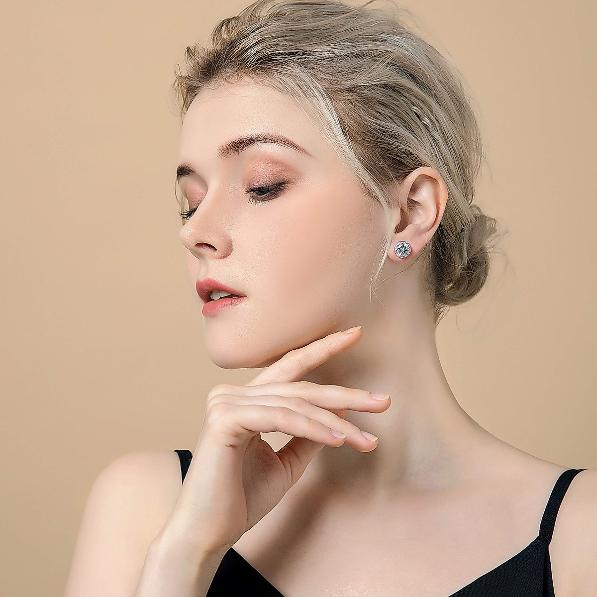 Silver Cubic Zirconia Stud Earrings - 925 Sterling Silver Crystal Round Diamond Rhinestone CZ Halo Studs Earrings for Women Men Everyday Earrings