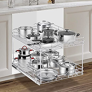 BONADOM 2 Tier Pull Out Cabinet Organizer(21''Dx17''W) Heavy Duty Slide Out Drawers for Kitchen Cabinets Storage Roll Out Shelf Rack Storage for Pots, Pans, PullOut Cupboard Organizer