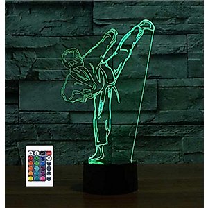 3D Gradient Karate Taekwondo Night Light Remote Control Touch Switch 16 Color Change LED Table Desk Lamp Acrylic Flat ABS Base USB Charger Home Decoration Toy Birthday Xmas Kid Children Gift