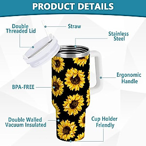 MCHIVER Black Sunflowers 30 oz Tumbler with Handle and Straw Stainless Steel Vacuum Water Bottle Leak-proof Travel Coffee Mug Insulated Water Bottle for Car Home Office