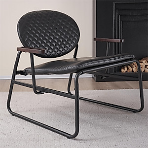 Tiophome Accent Metal Frame, PU Leather Upholstered Comfy Oval Back with Lattic, Side Leisure Lounge Arm Chairs Armchairs for Living Room, Bedroom, Black, Extra Large