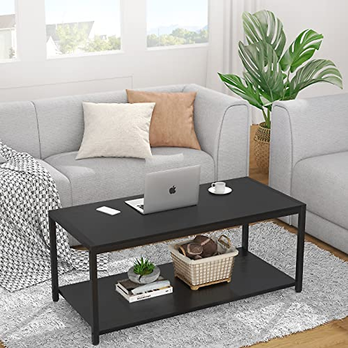 Homieasy Coffee Table, 43" Industrial Coffee Table for Living Room, Retro Central Table with Storage Shelf, Wooden Tabletop and Metal Frame Living Room Table, Cocktail Table Tea Table, Black