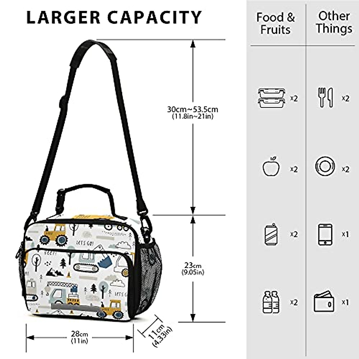Lunch Bags Boxes Insulated Small Girls Cooler Kids Boys Thermal Childish Truck Excavator for School Student with Shoulder Strap Water-Resistant
