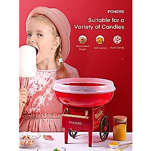 FOHERE Cotton Candy Machine for Kids, Countertop Cotton Candy Maker Homemade Candy Sweets for Birthday Parties, Includes a Scoop and 10 Candy Cones, Red Vintage