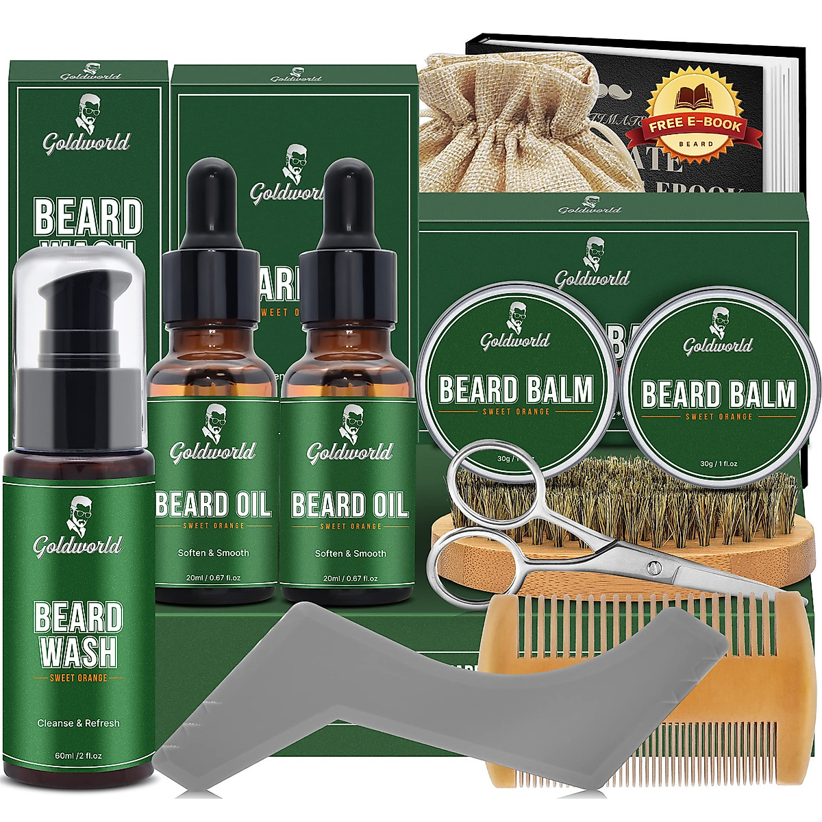 Beard Kit,Beard Growth Grooming Kit w/2 Pack Beard Oil & 2 Pack Beard Balm,Christmas Stocking Stuffers Gifts for Men Him Husband Dad Boyfriend,Shaving Kit w/Beard Wash Comb Brush (Orange)