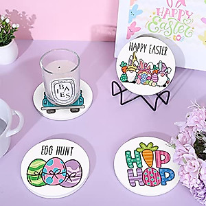 Whaline 4Pcs Easter Ceramic Coaster Set Bunny Gnome Egg Carrot Prints Drink Coasters Cartoon Style Absorbent Coasters for Easter Egg Hunt Home Decor Table Protection Housewarming Gifts